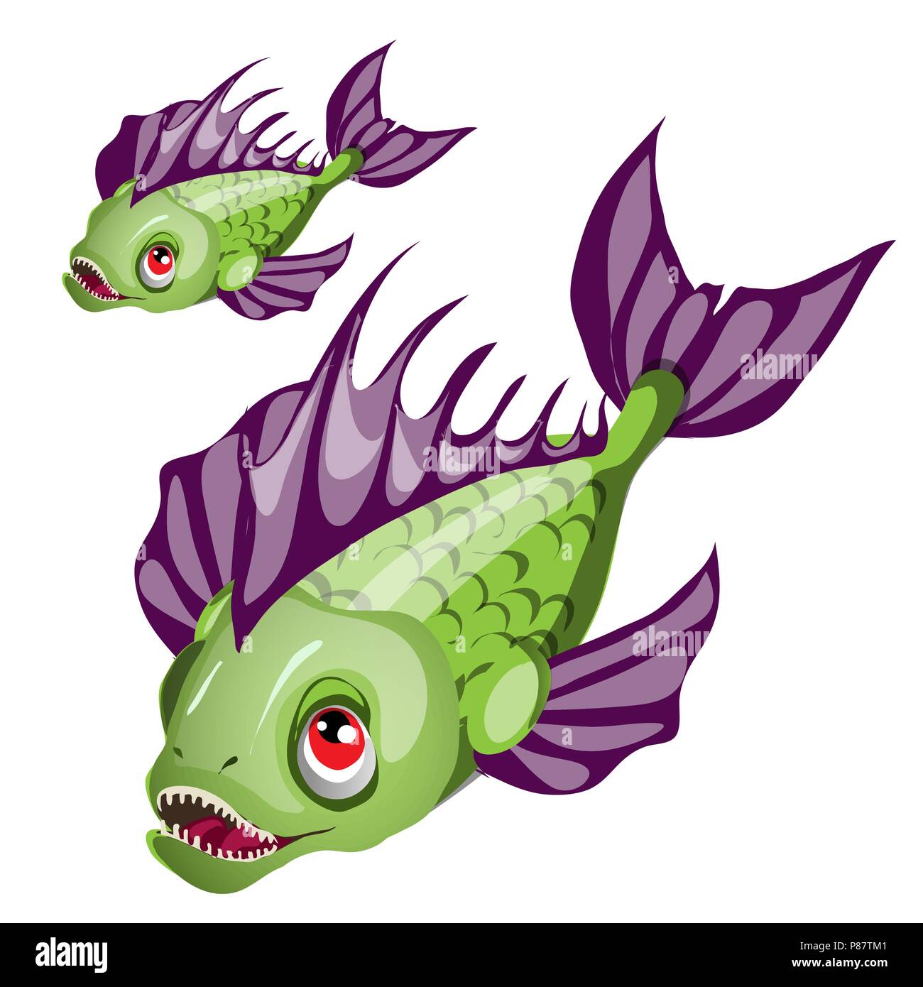 Poisson vert dessin animé avec le violet des nageoires et des dents ...