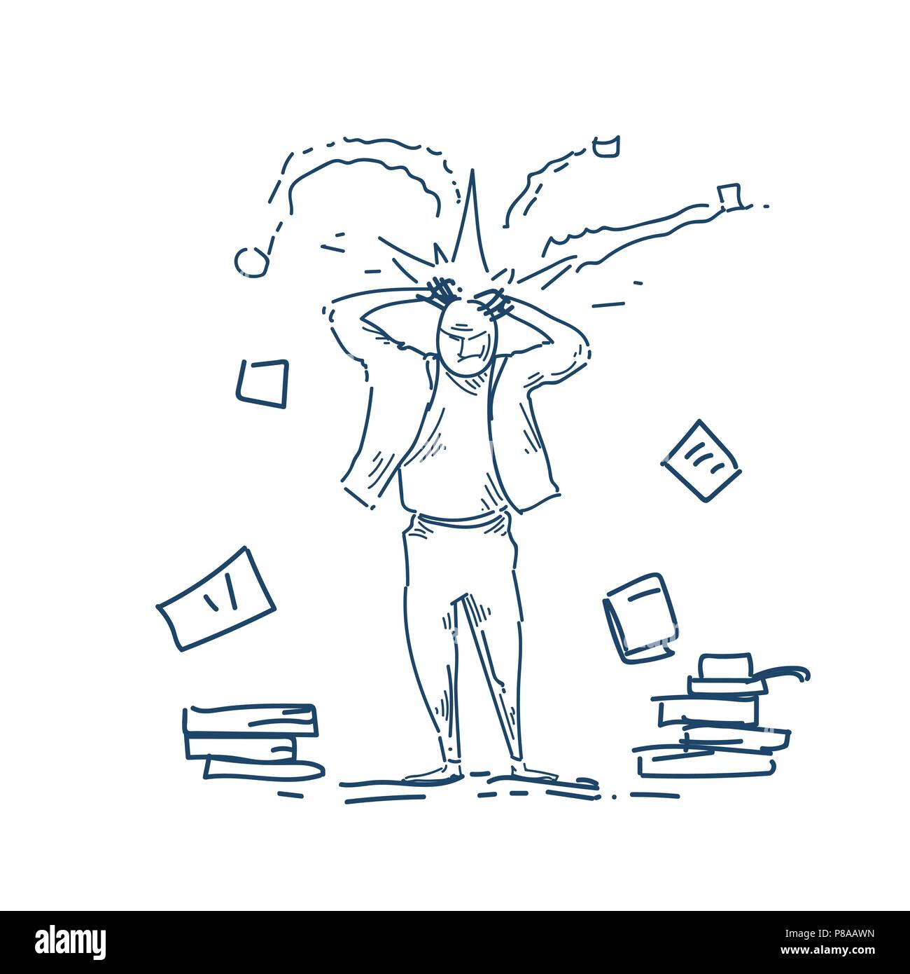 Souligné man holding head avec papier pile documents Résolution de ...