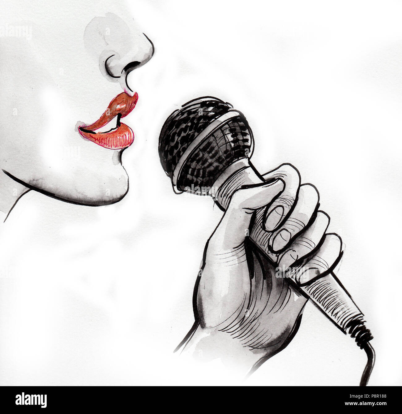 Chanteuse bouche et main tenant un micro. Encre et aquarelle ...