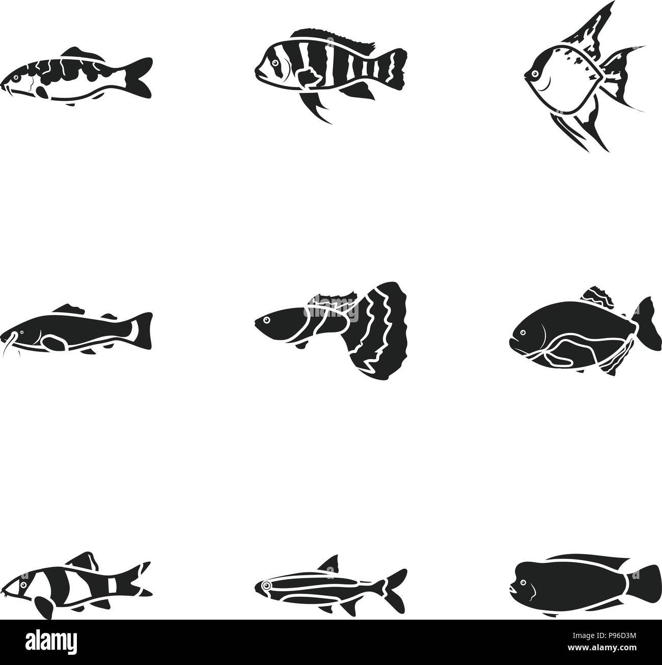 Poissons d'Aquarium d'ensemble des icônes dans le style noir. Grande ...