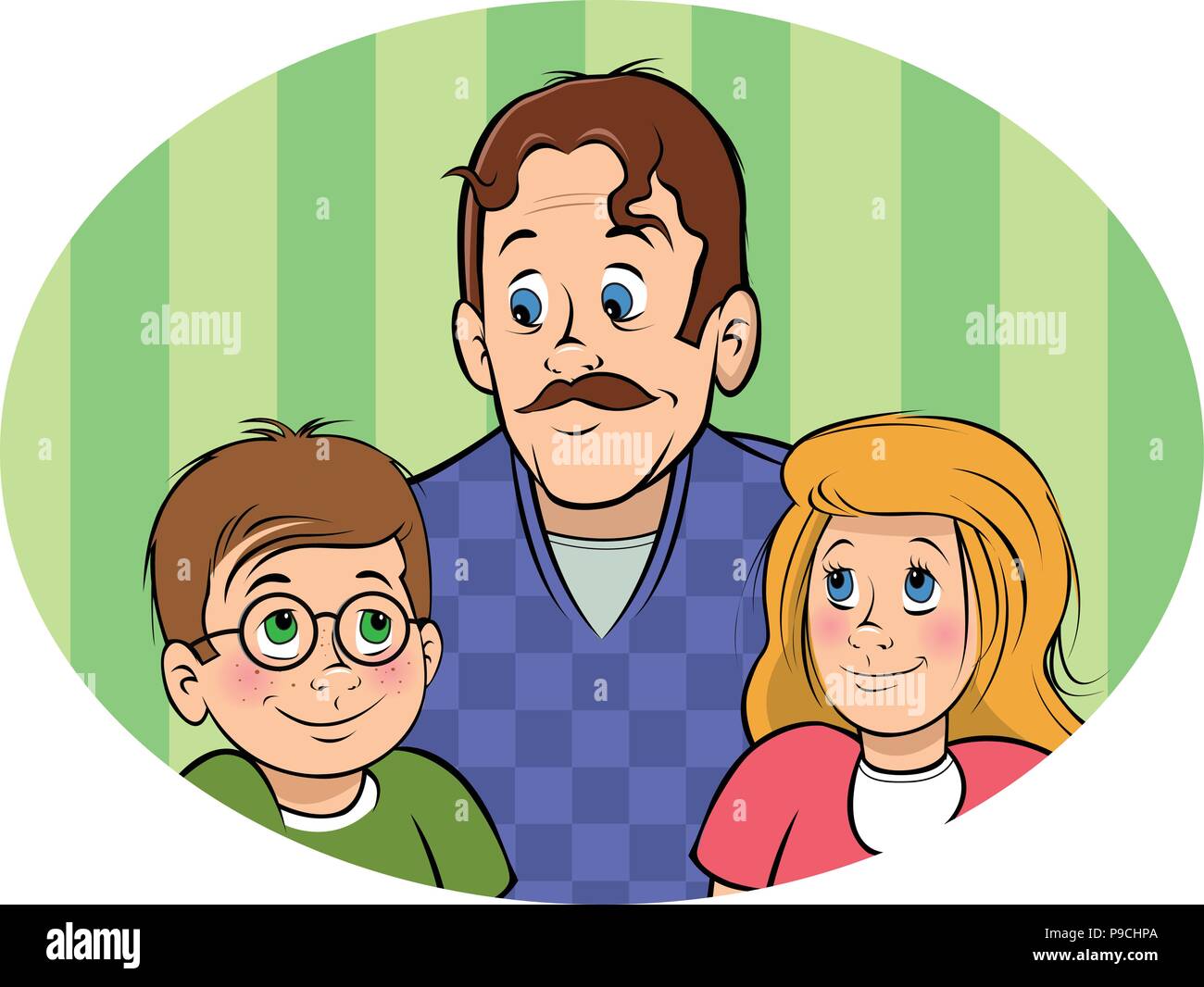 Cartoon Vector Illustration Dun Père Avec Son Fils Et Sa Fille Image