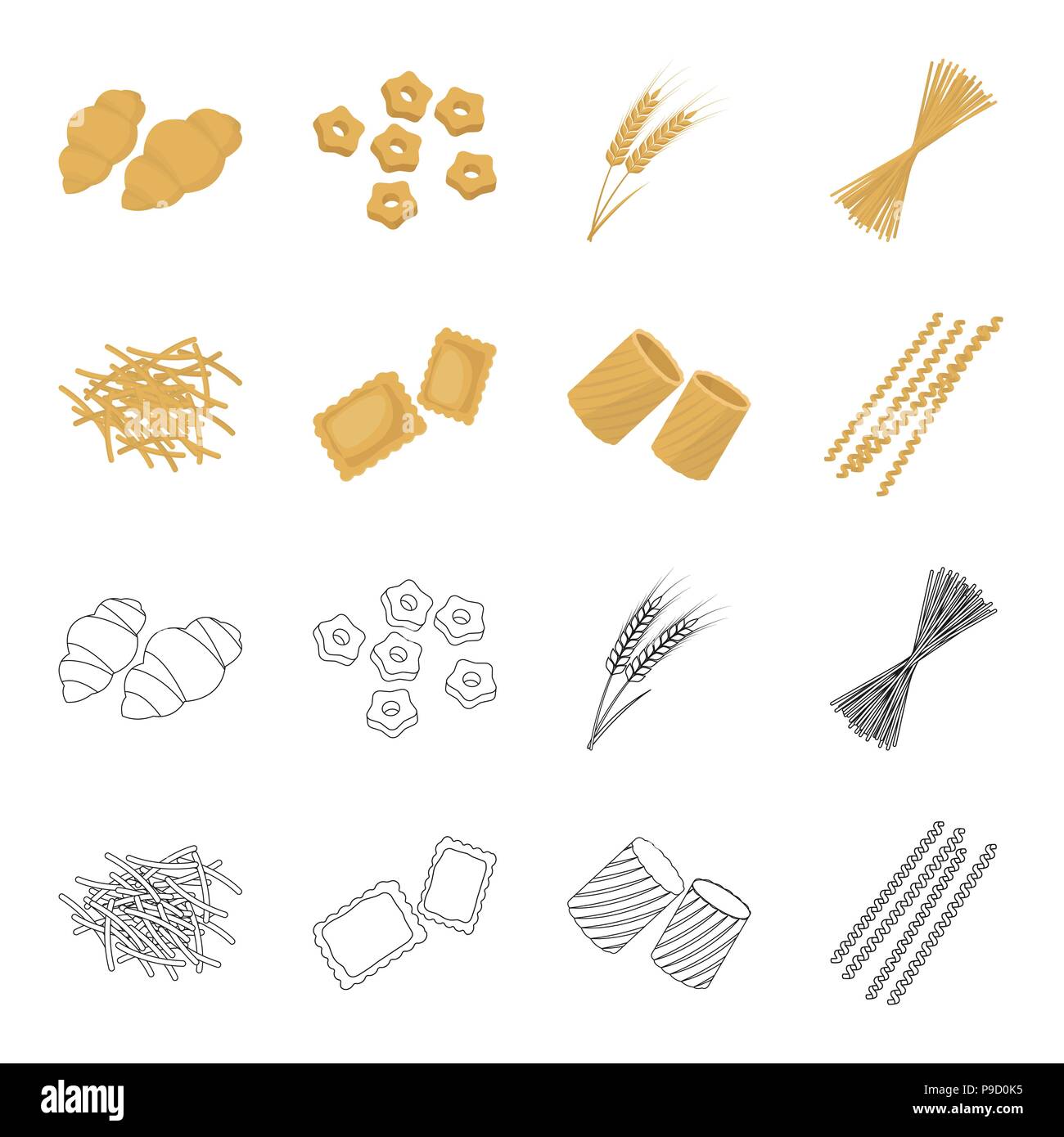 Différents types de pâtes. Types de pasta set collection icônes de ...