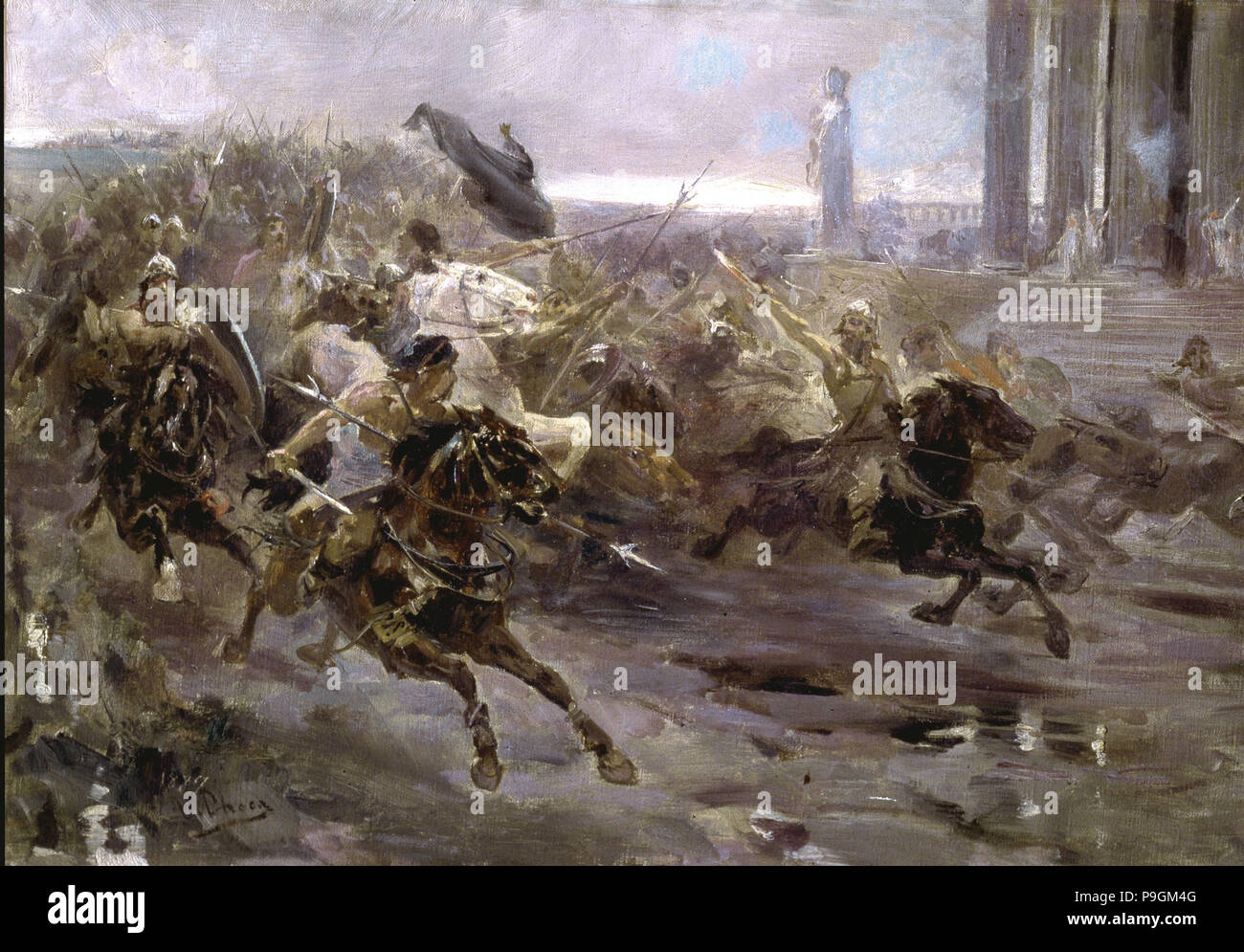 Les Huns entrant dans la ville de Rome, dirigée par Attila', de l'huile ...