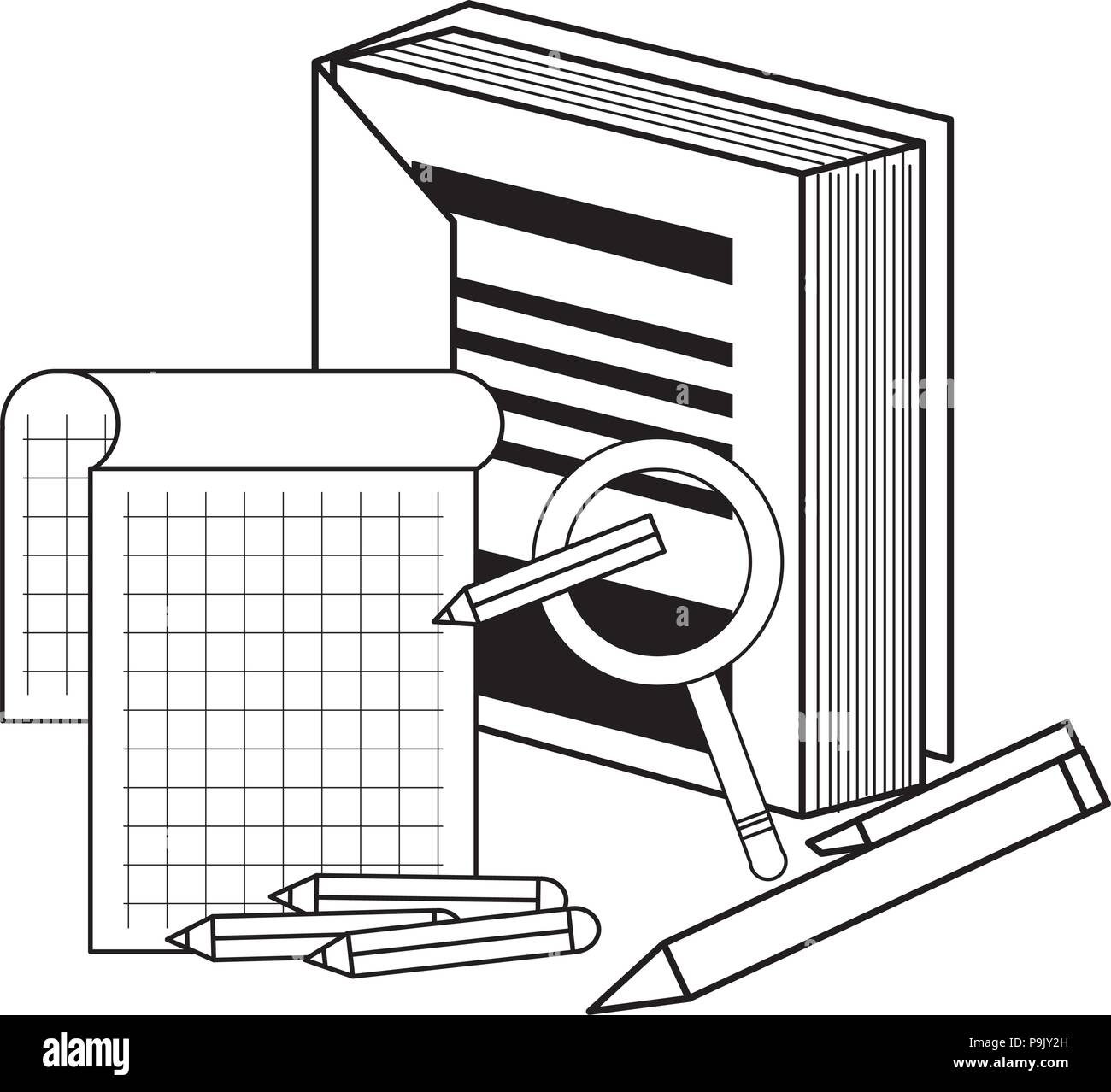 Réservez avec notepad et loupe sur fond blanc, vector illustration ...