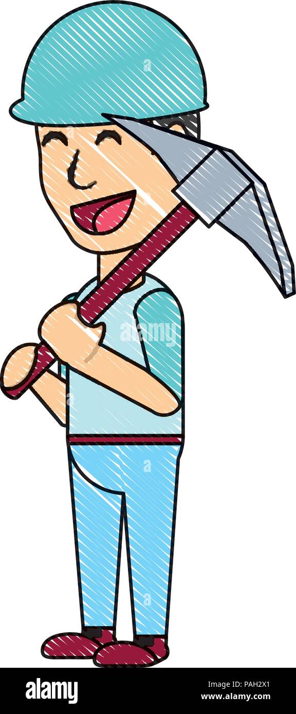 L'homme dessin animé avec pioche icône sur fond blanc, vector ...