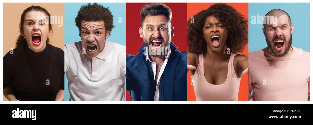 Les gens en colère crier. Le collage des différentes expressions du ...
