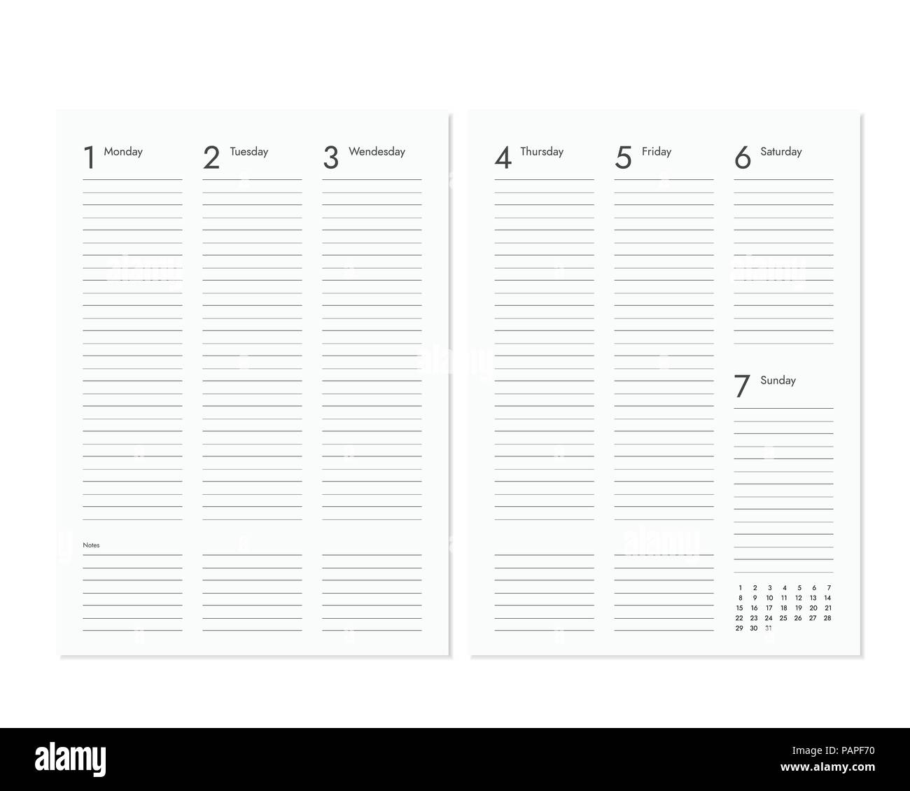 Pages du journal vierge réaliste avec calendrier hebdomadaire et ...