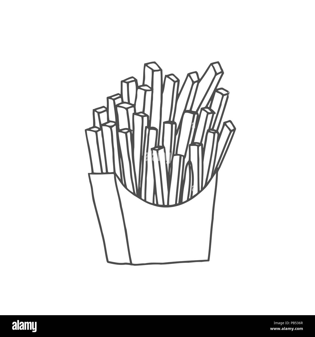 Vector illustration. Hand drawn doodle de frites dans un pack de papier ...