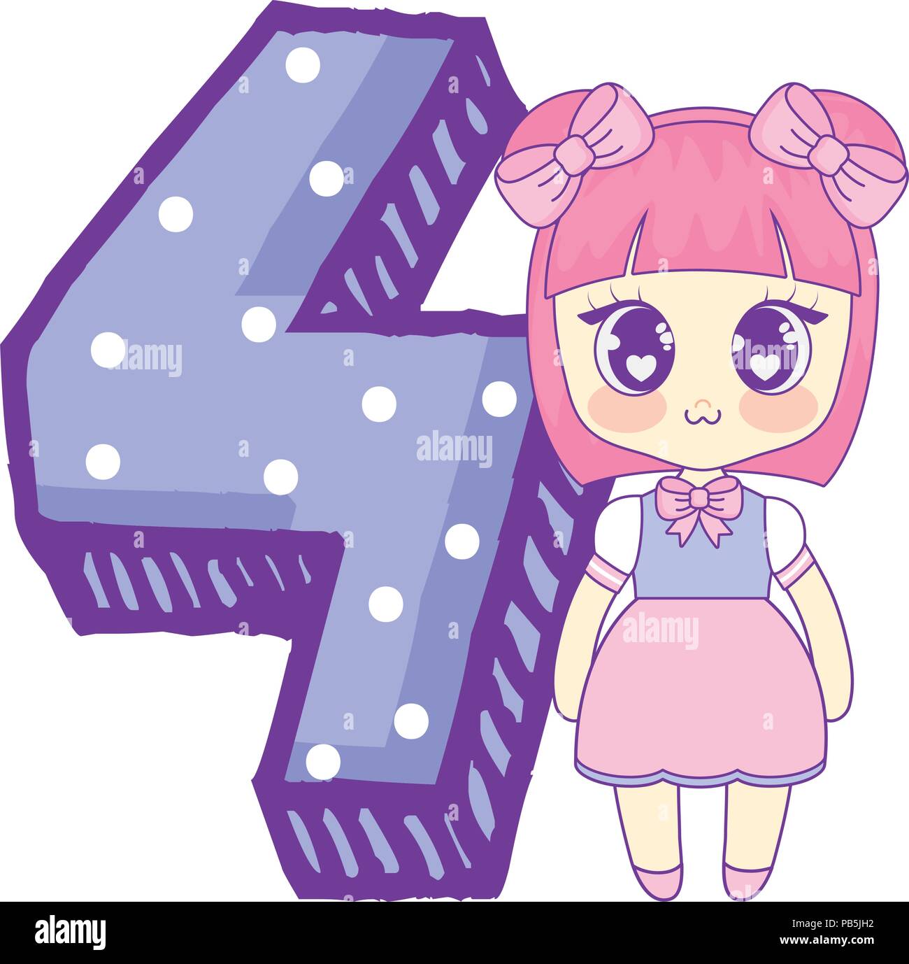 Cute anime girl numéro 4 et icône sur fond blanc, vector illustration ...