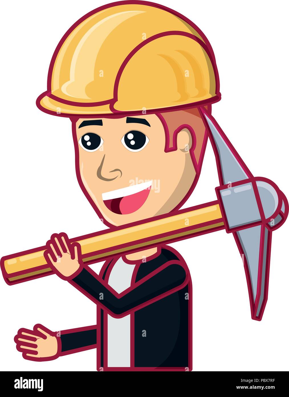 Cartoon homme tenant une pioche et portant un casque industriel sur ...