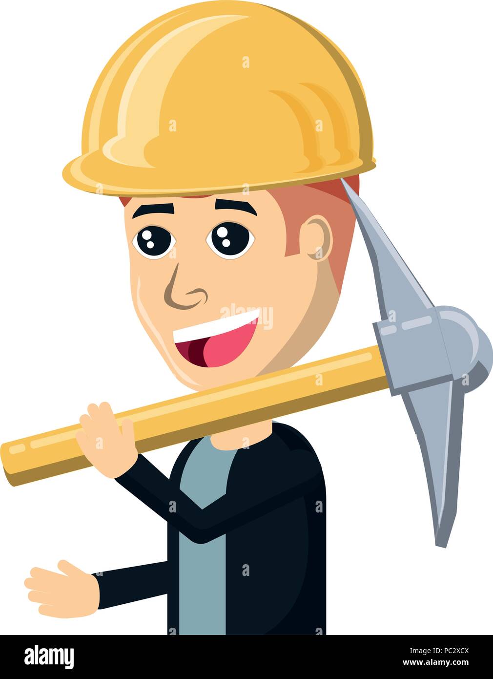 Cartoon homme tenant une pioche et portant un casque industriel sur ...
