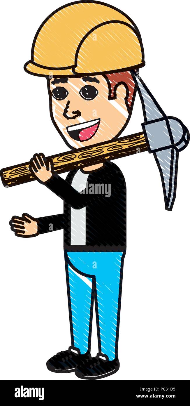 Cartoon homme tenant une pioche et portant un casque industriel sur ...