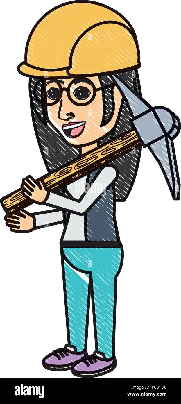 Cartoon femme avec casque de sécurité et tenant une pioche sur fond ...