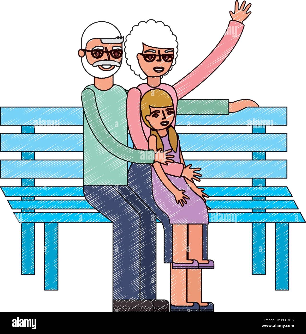 Papi et mamie avec sa petite-fille s'asseoir dans un dessin d ...