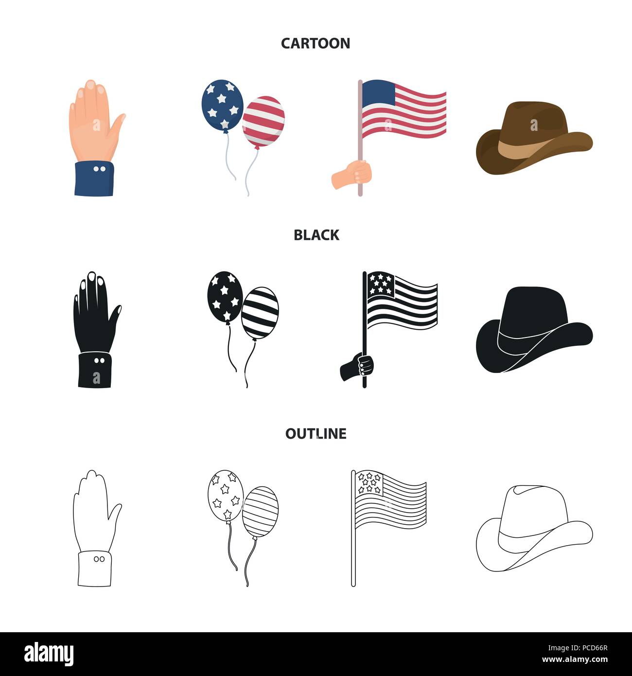 Ballons, drapeau national, chapeau de cowboy, palm part.Patriot day set ...