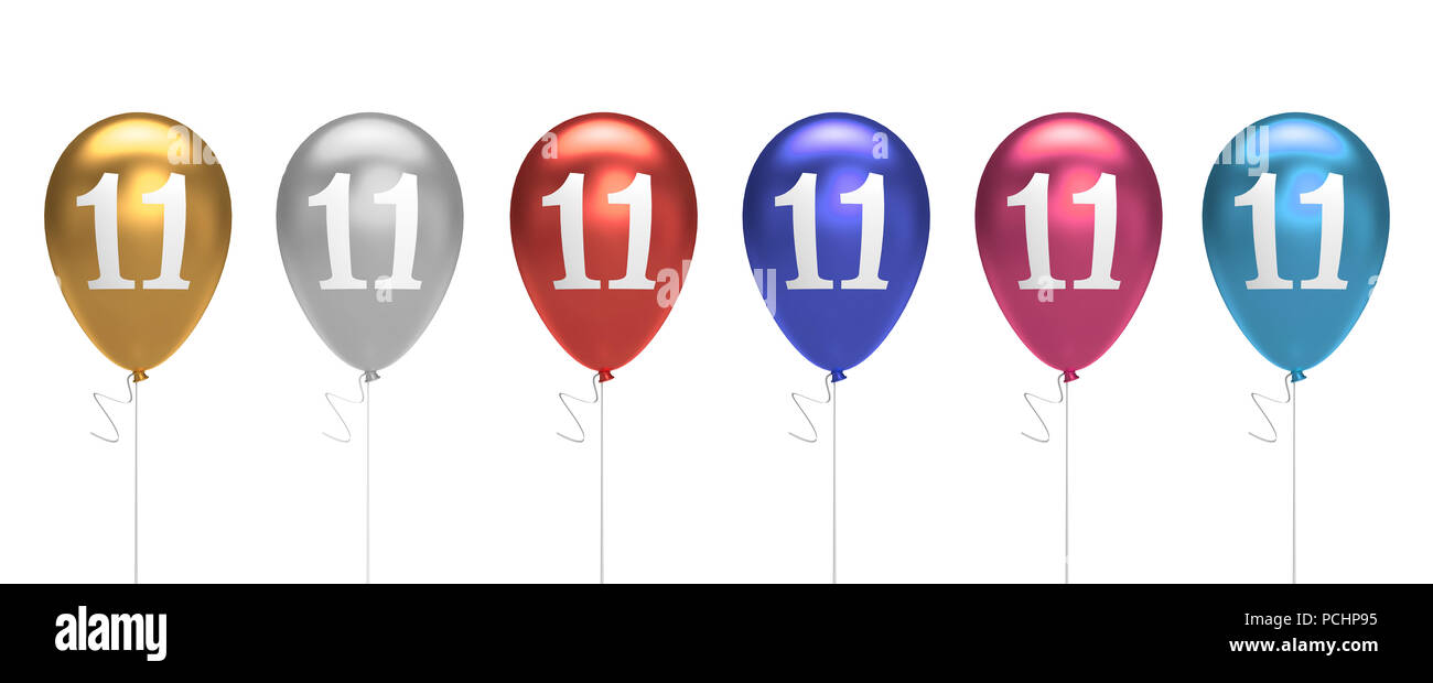 Numéro 11 ballons anniversaire collection or, argent, rouge, bleu, rose ...