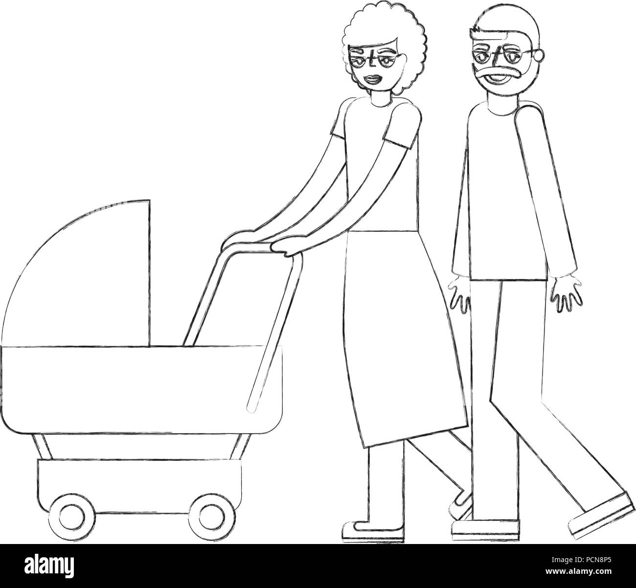 Grand-père et grand-mère avec bébé landau vector illustration dessin à ...