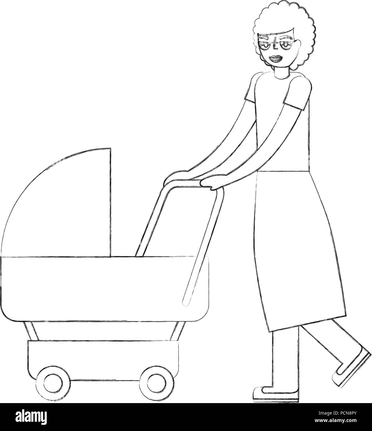 Grand-mère marche avec bébé landau vector illustration dessin à la main ...