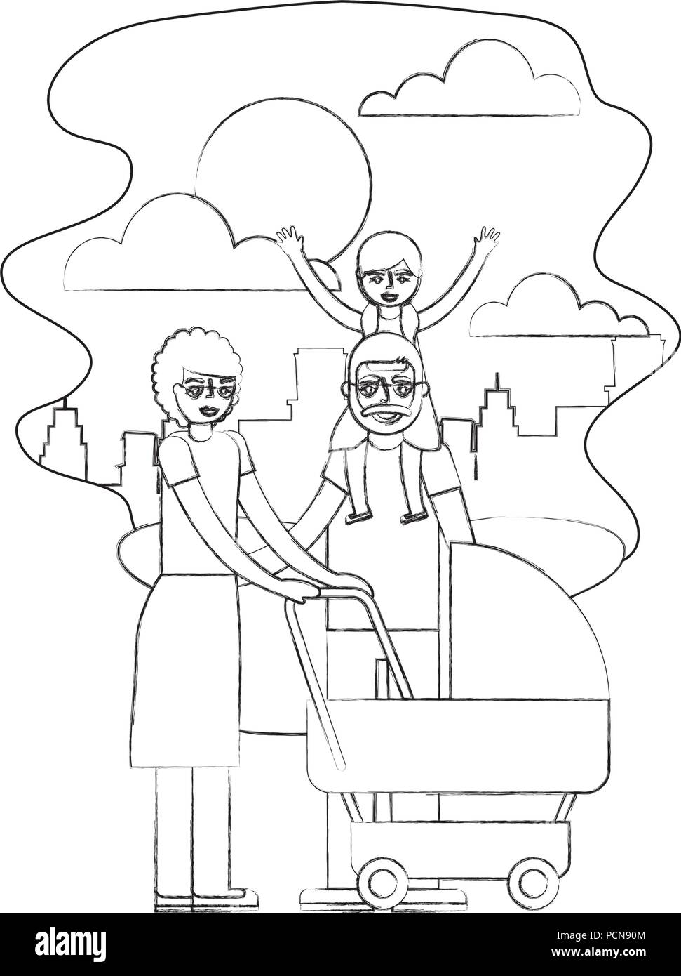 Graddaughter avec grands-parents et bébé landau vector illustration ...