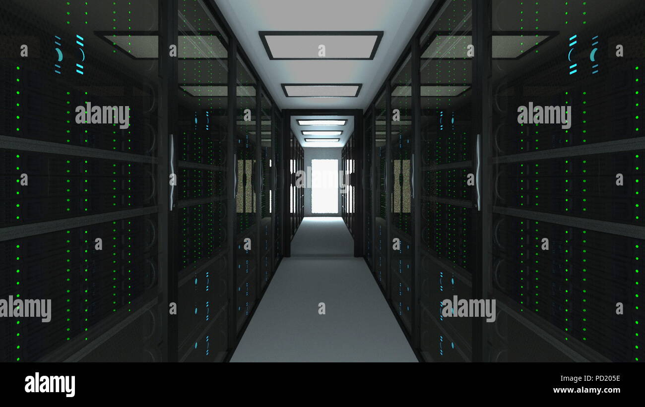 Salle de serveurs modernes intérieur en datacenter, réseau et internet ...