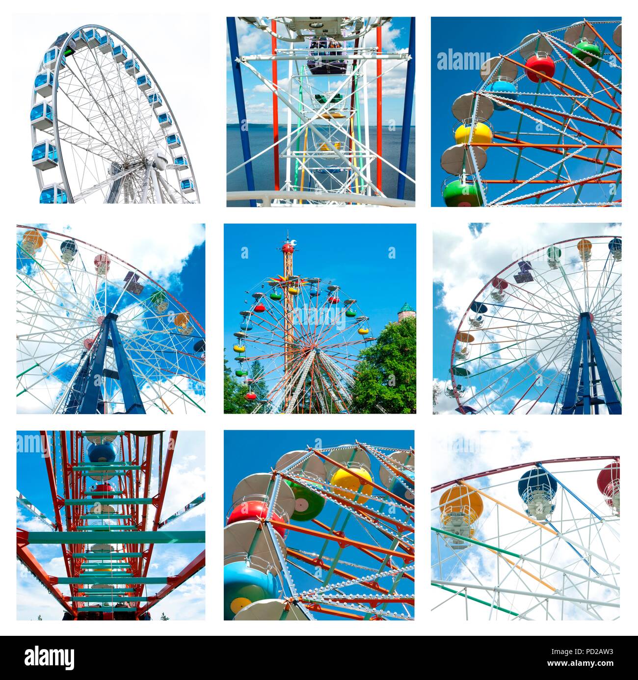 Collage de belles différents des grandes roues en mouvement à parcs d ...