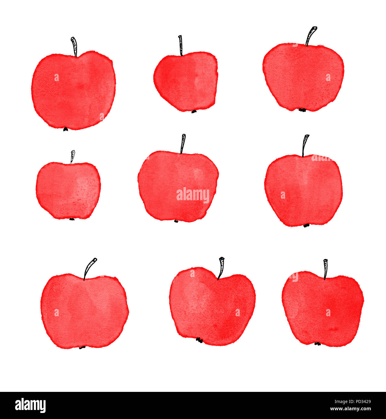 Ensemble de 9 fruits, pomme rouge. Peint à la main à l'aquarelle ...