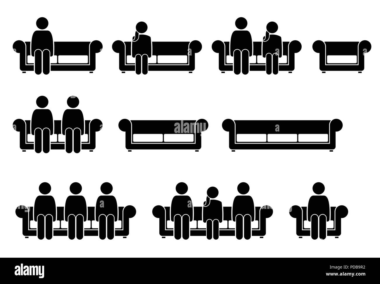 Des gens assis sur fauteuil canapé. Les pictogrammes représente l'homme ...