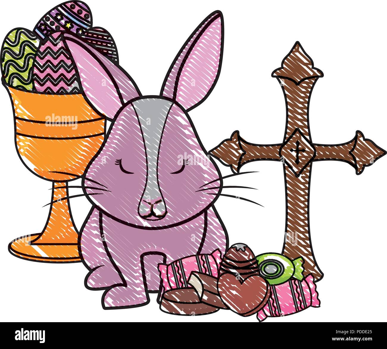 Croix religieuse avec lapin mignon et saint graal de bonbons sur fond ...