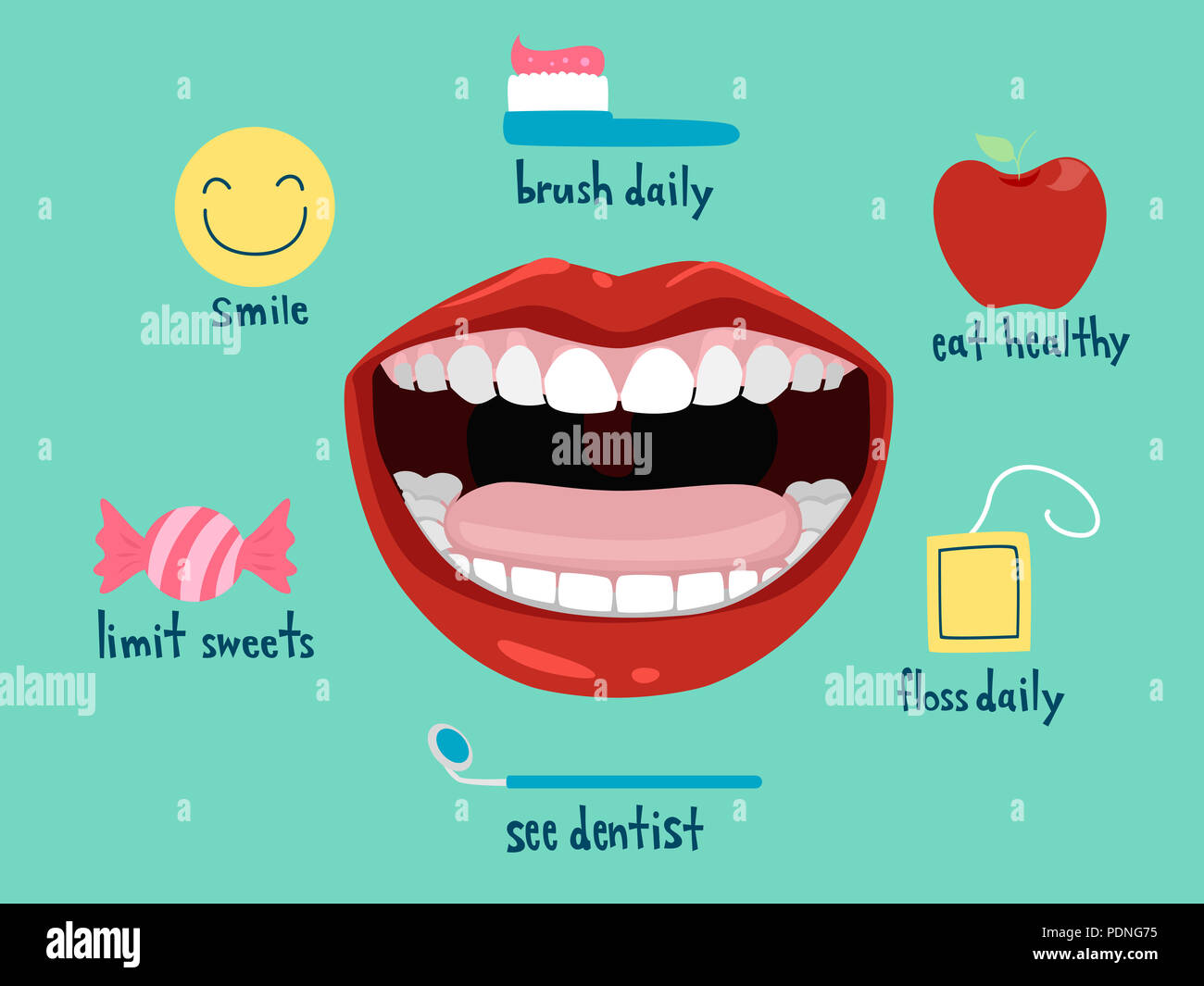 Illustration d'une bouche ouverte montrant Ensemble complet de dents et ...