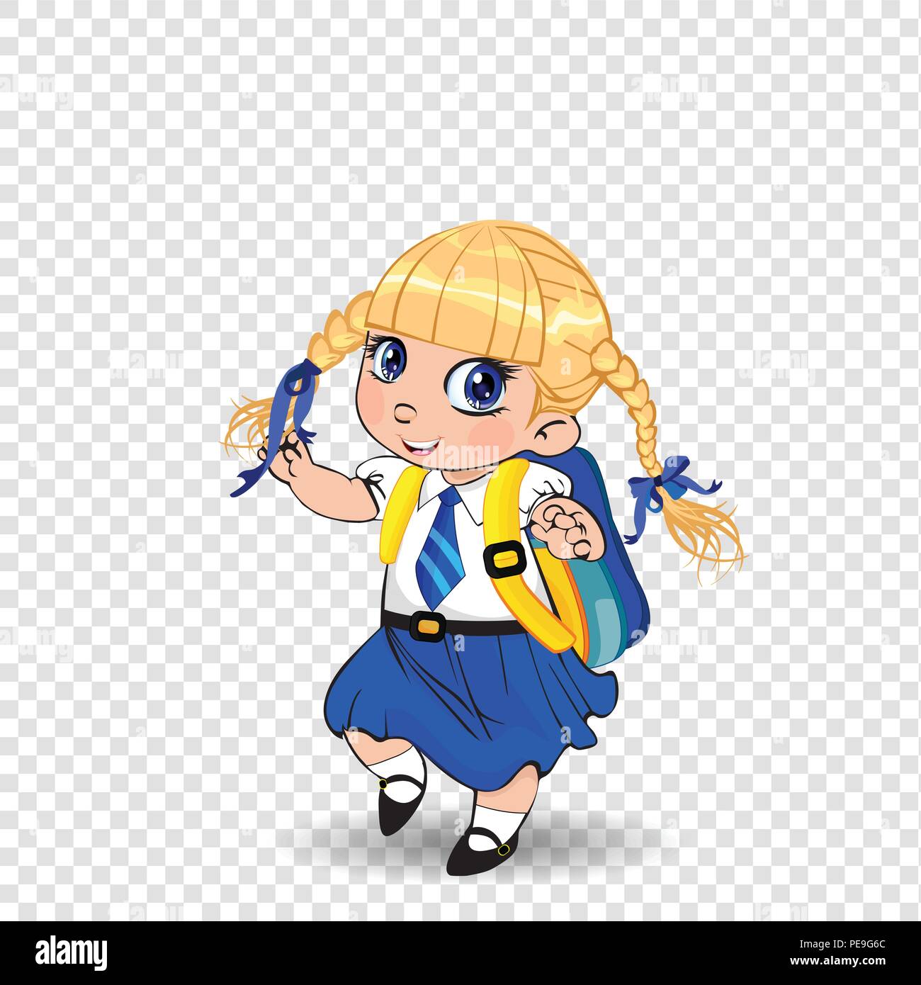 Jolie petite écolière blonde avec tresses et grands yeux bleus en ... Jolie petite écolière blonde avec tresses et grands yeux bleus en ...
