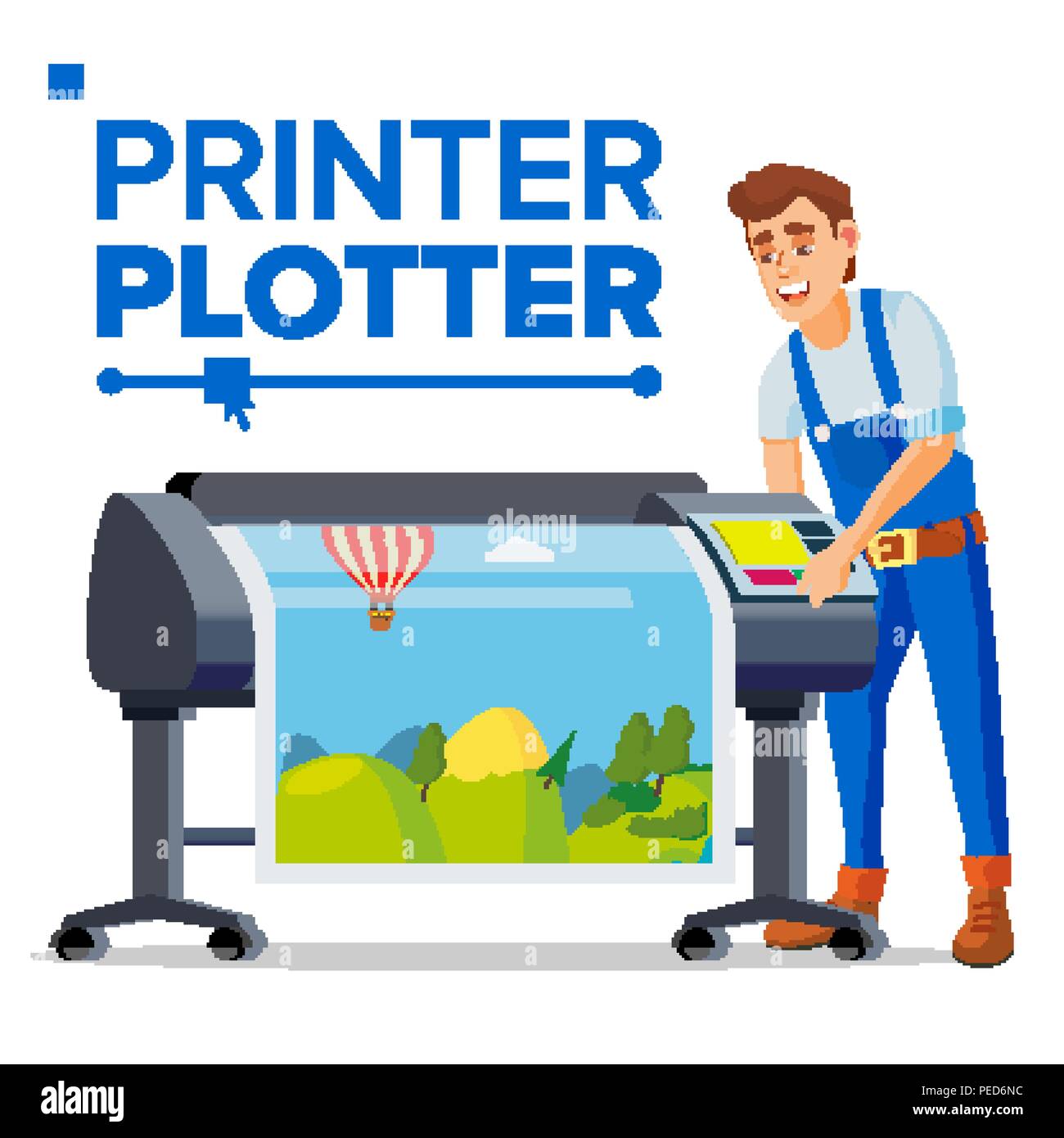 Travailleur avec traceur vecteur. L'homme. Imprimante multifonction ...
