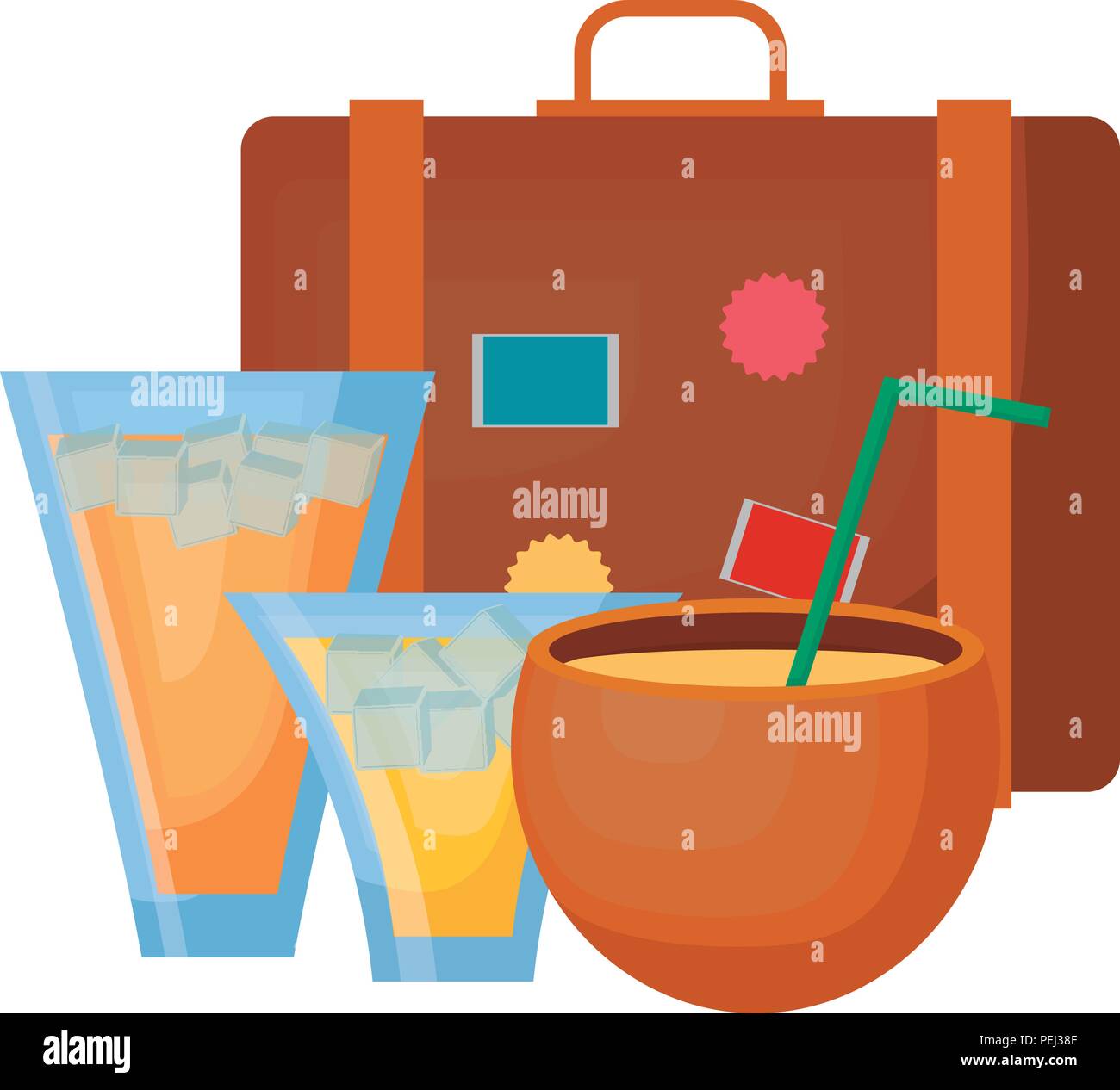Valise de voyage avec des cocktails sur fond blanc, vector illustration ...