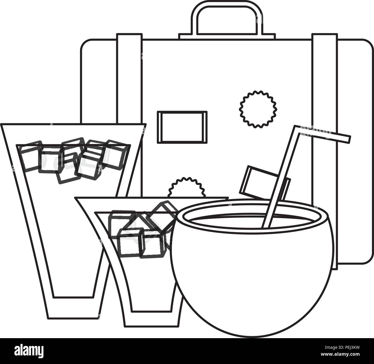 Valise de voyage avec des cocktails sur fond blanc, vector illustration ...