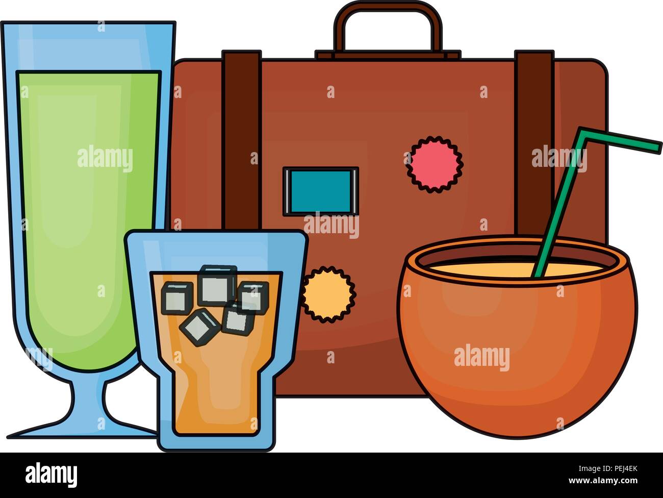 Valise de voyage avec boissons cocktails sur fond blanc, vector ...