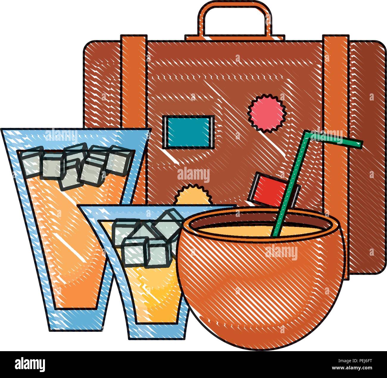 Valise de voyage avec des cocktails sur fond blanc, vector illustration ...