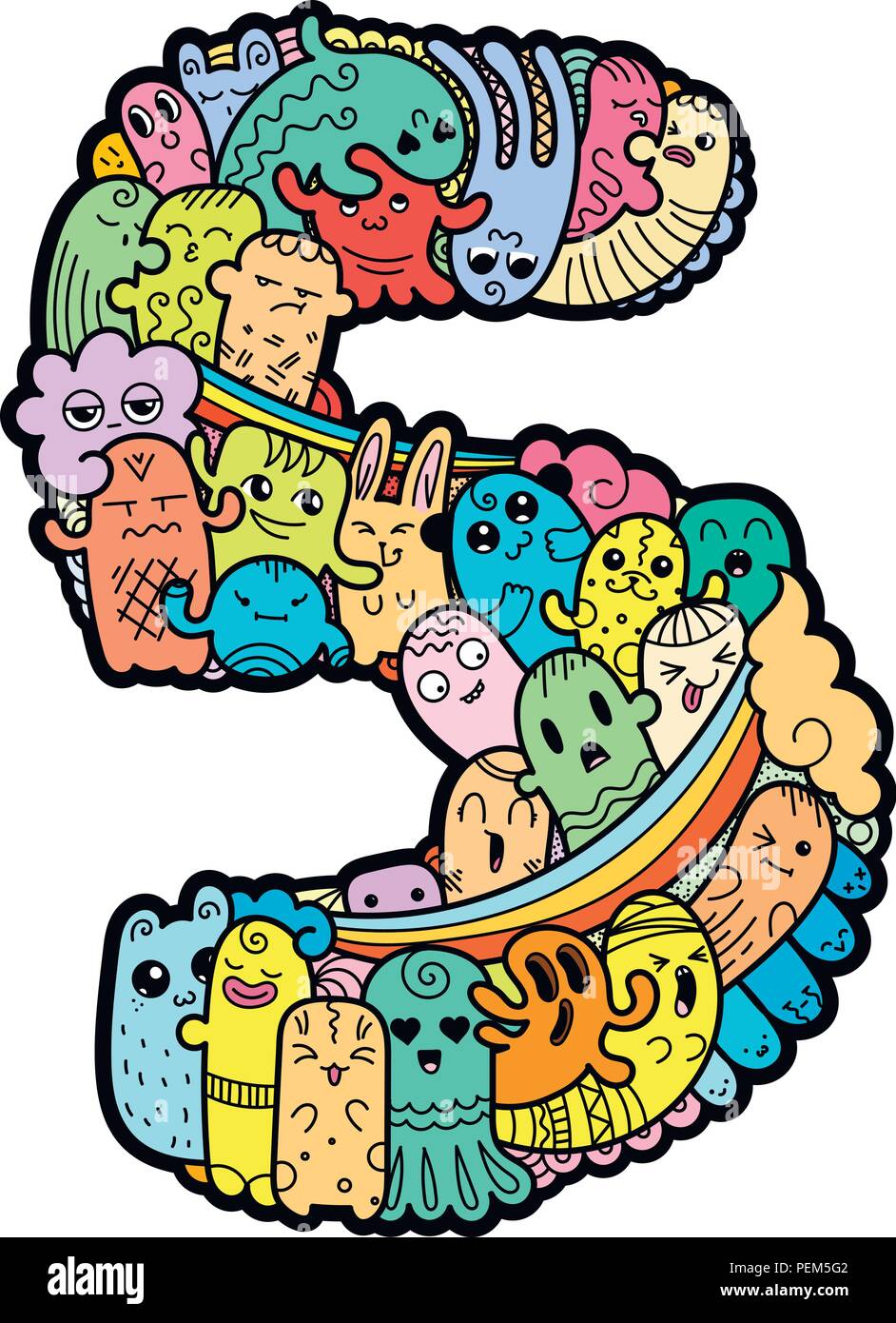 Numéro cinq. Hand drawn doodled kids nombre. Mignon monstred les ...