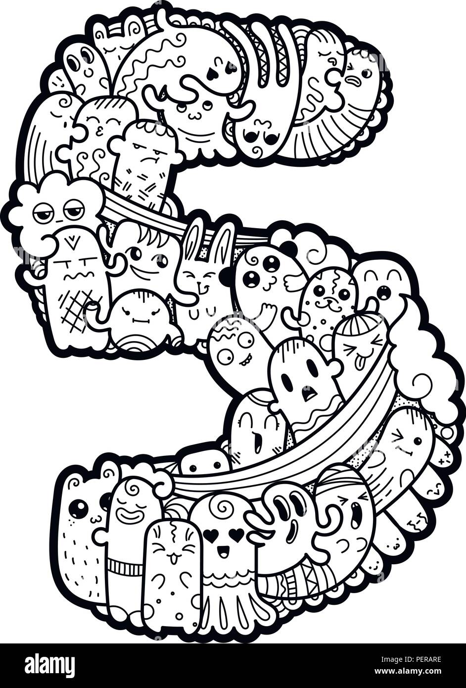 Numéro cinq. Hand drawn doodled kids nombre. Mignon monstred les ...