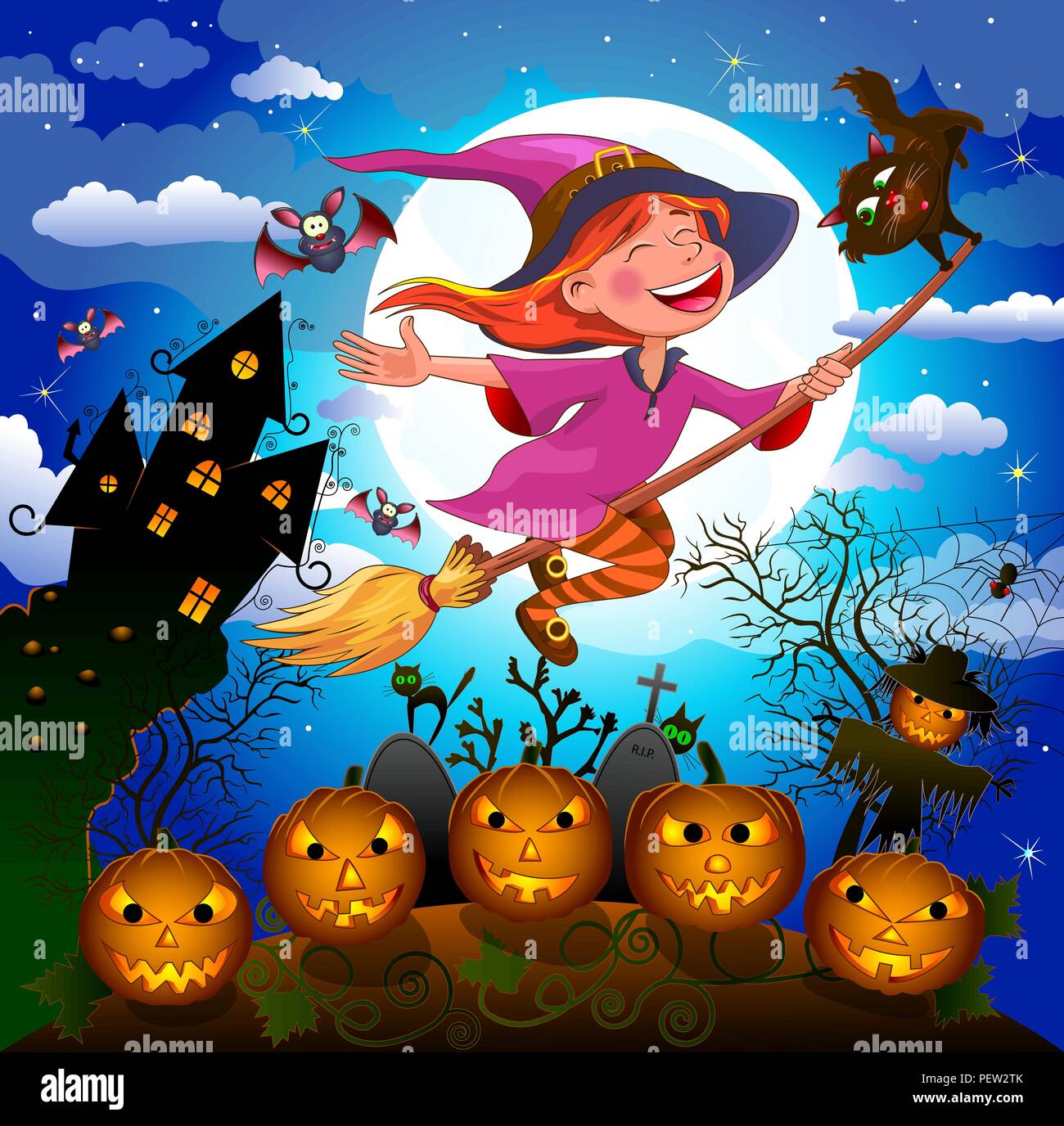 Nuit à l'Halloween. Une petite sorcière vole sur un balai. Petite ...
