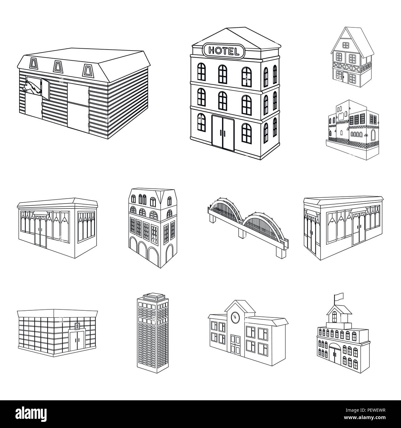 Aperçu de l'architecture du bâtiment et de l'ensemble des icônes de la ...