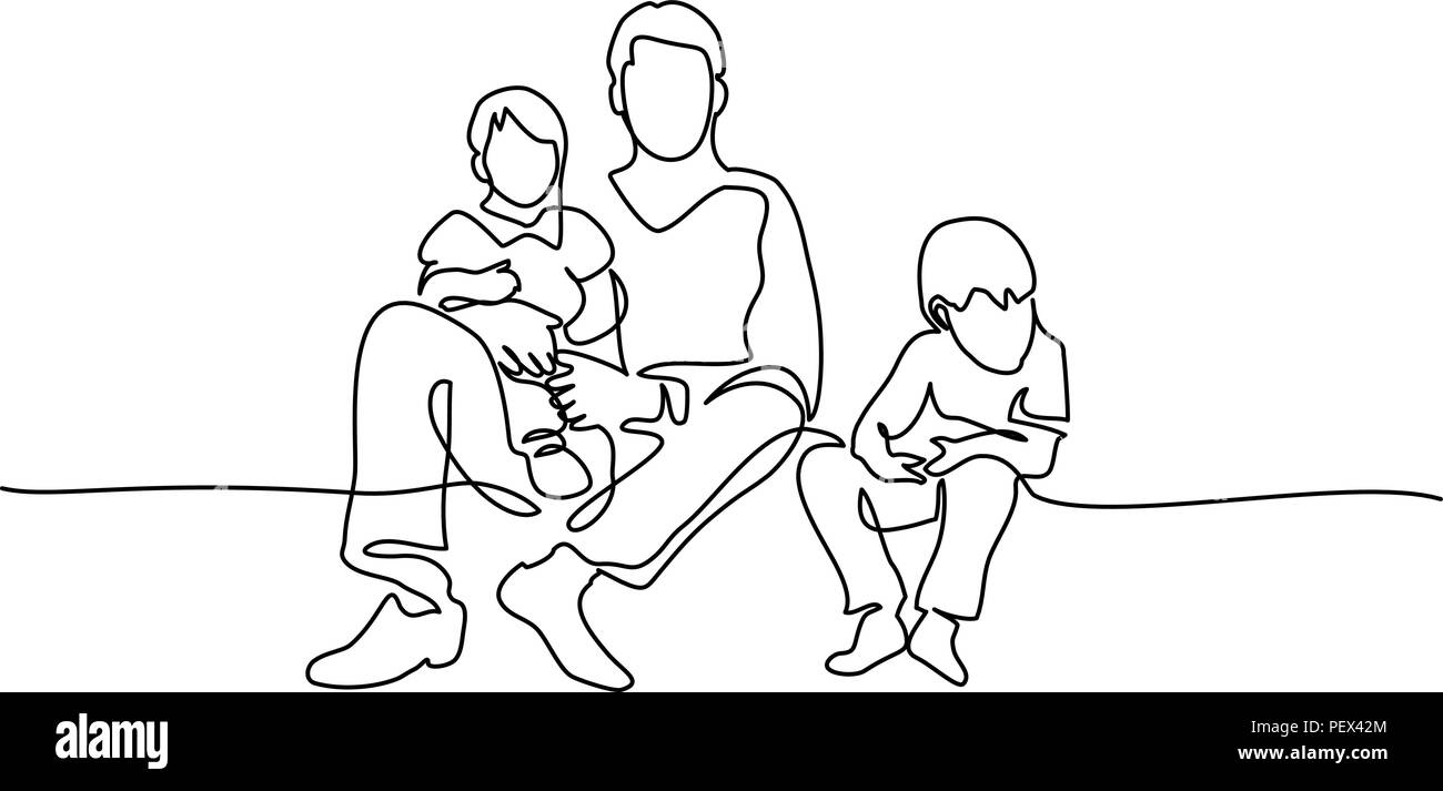 Dessin Dune Ligne Continue Notion De Famille Père Et Enfants Assis