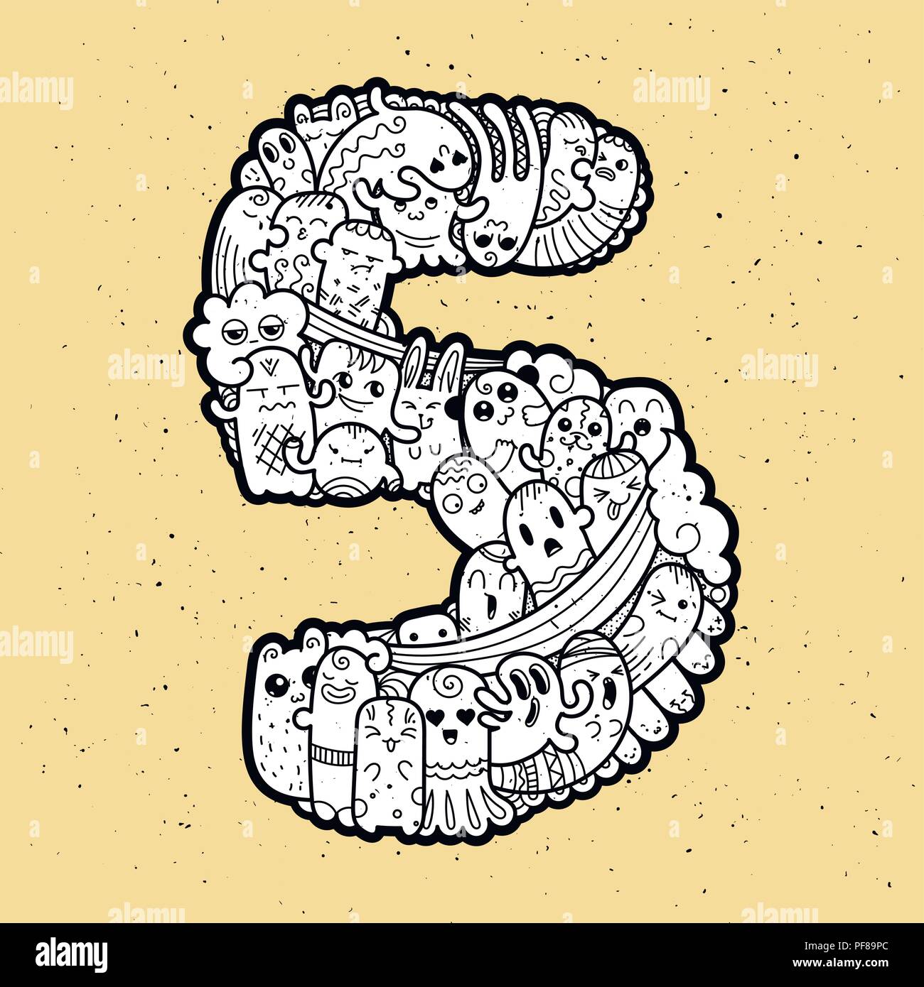 Numéro cinq. Hand drawn doodled kids nombre. Mignon monstred les ...