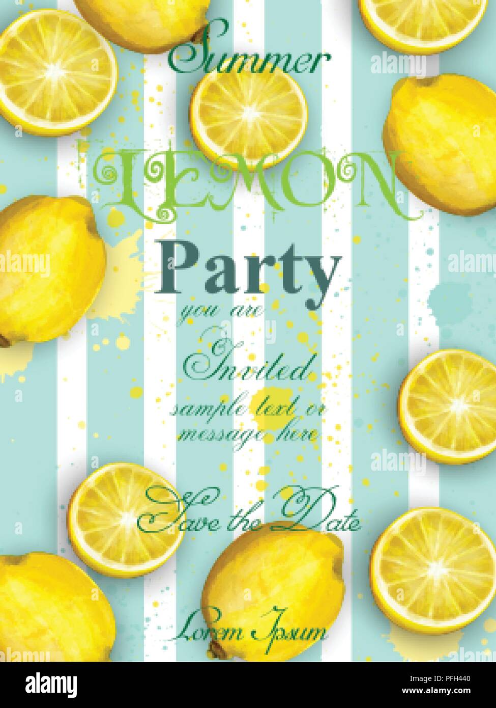 Invitation à une fête des citrons d'été vecteur. Aquarelle carte fruits ...