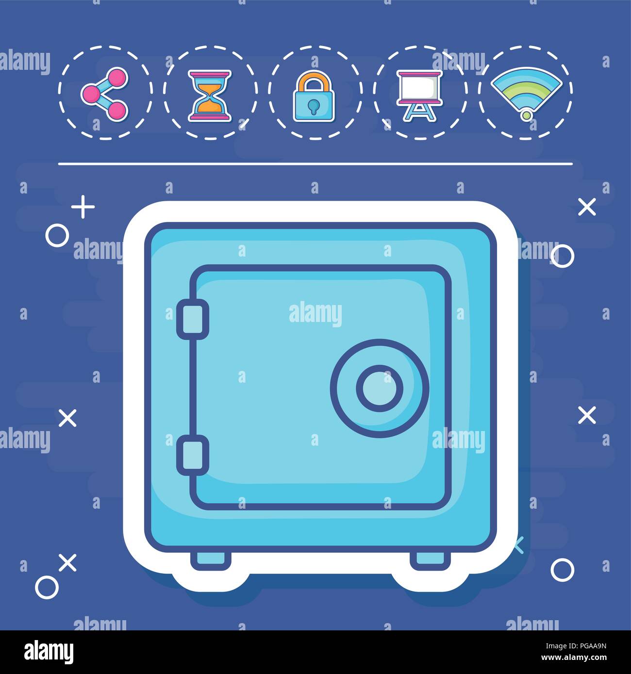 Un coffre-fort digital marketing autour des icônes sur fond bleu ...