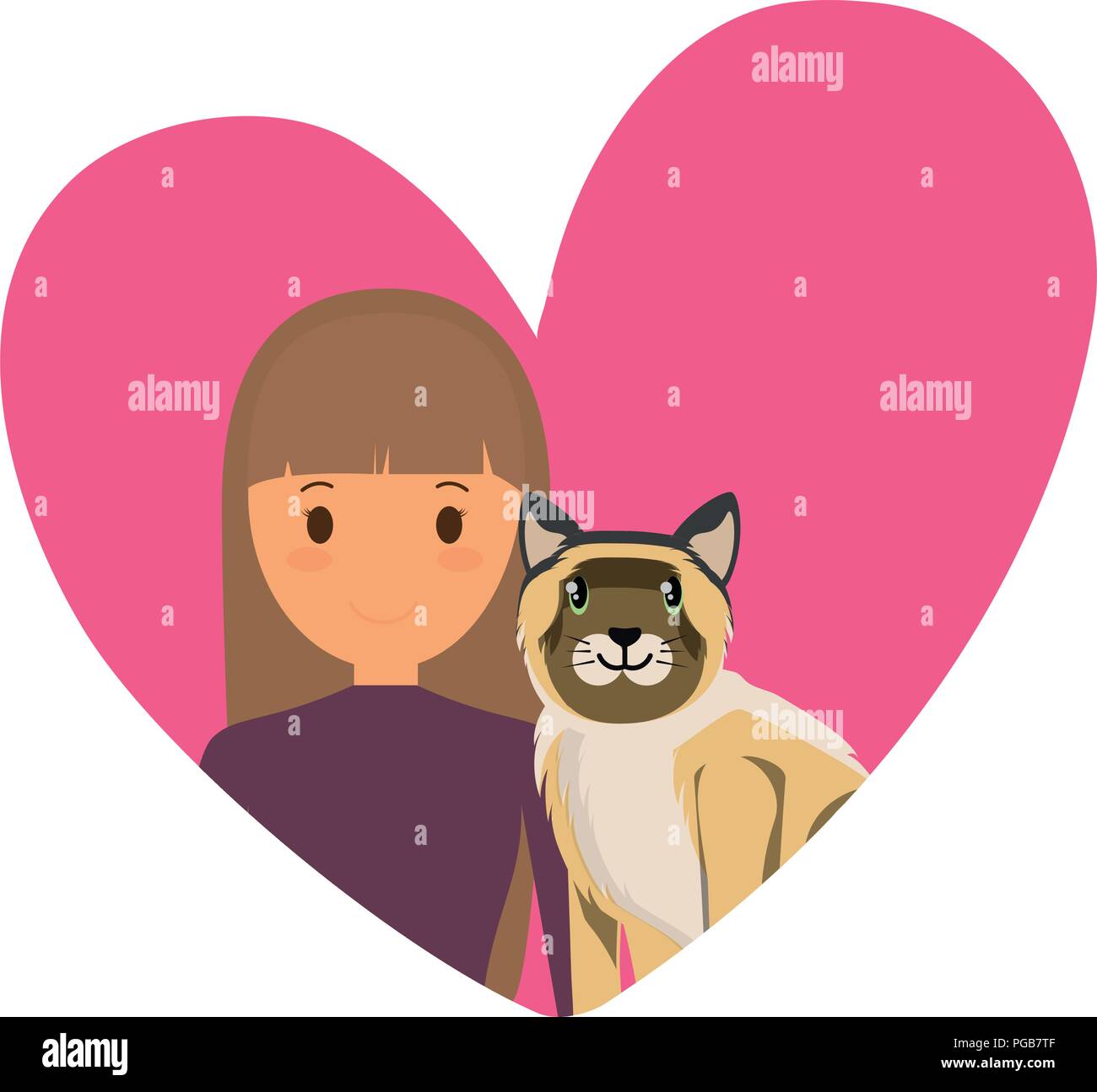 Coeur avec chat mignon et cartoon girl sur fond blanc, vector ...