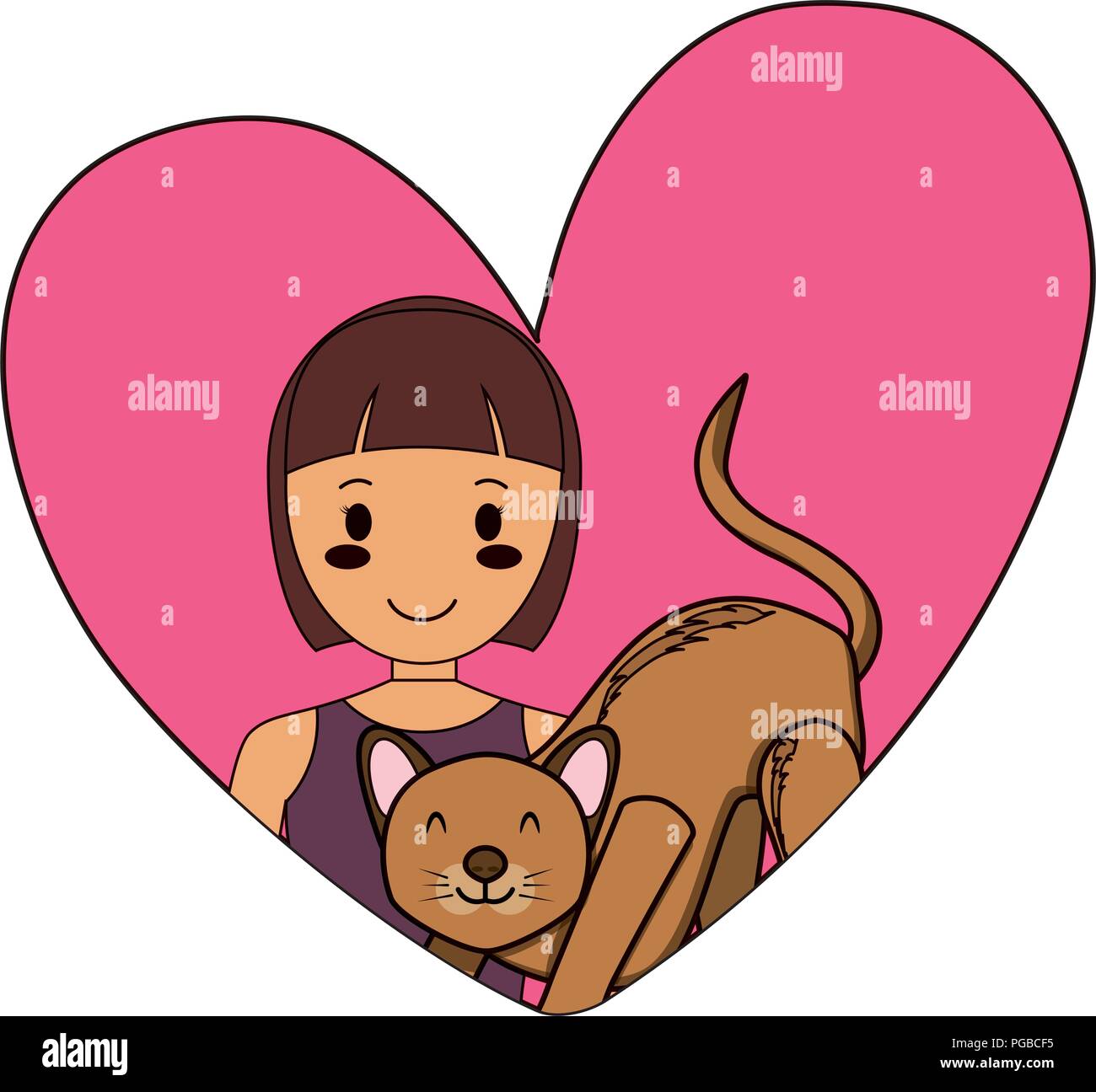 Coeur avec chat mignon et cartoon girl sur fond blanc, vector ...