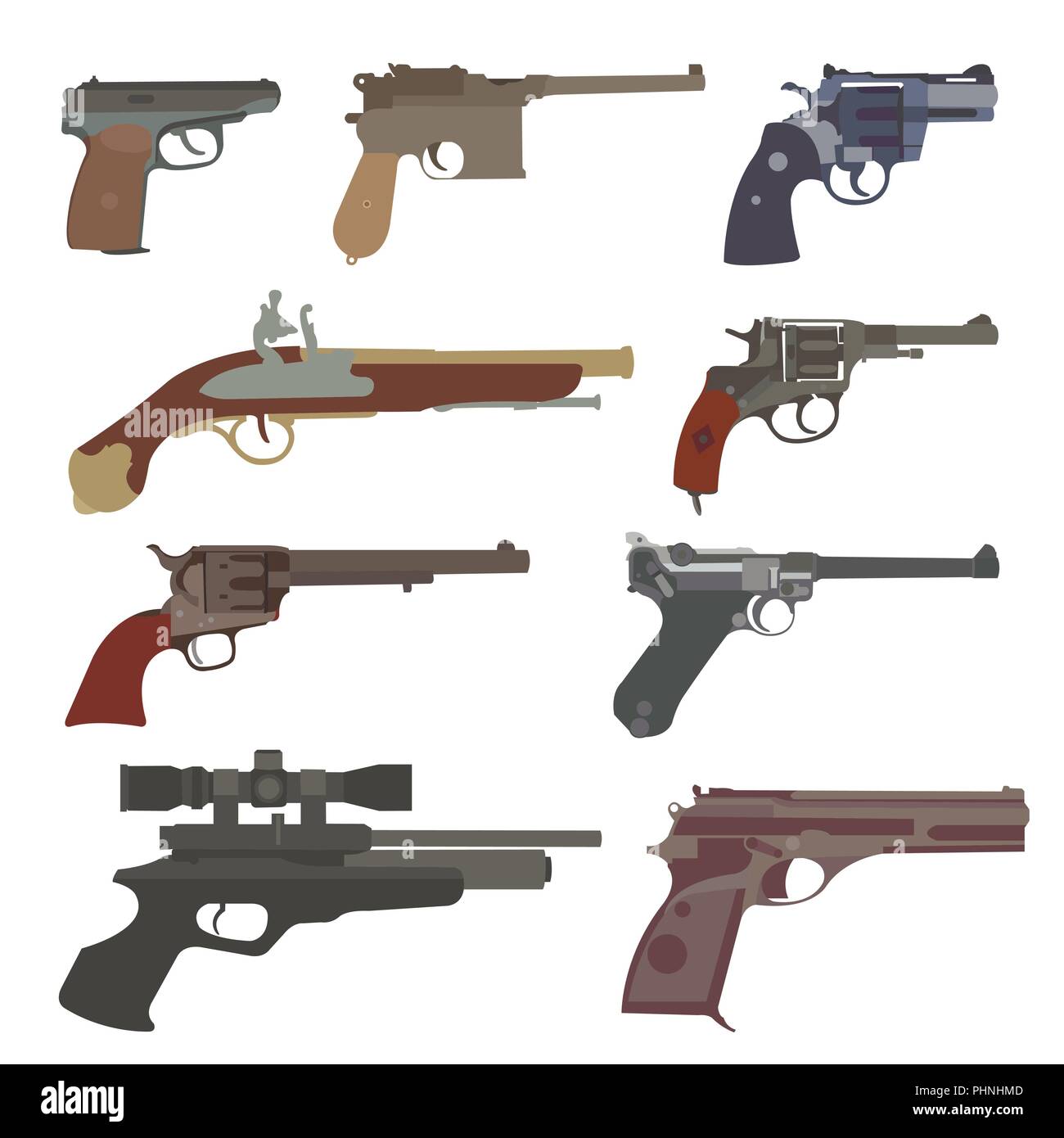 Ensemble d'armes à feu. Les fusils, pistolets, revolvers. Modèle plat ...