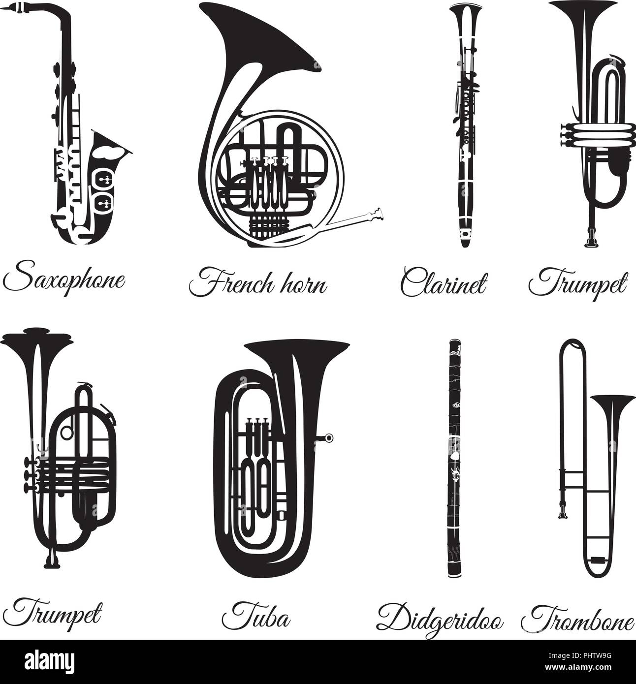 Vector set du noir et blanc des instruments de musique à vent Image ...