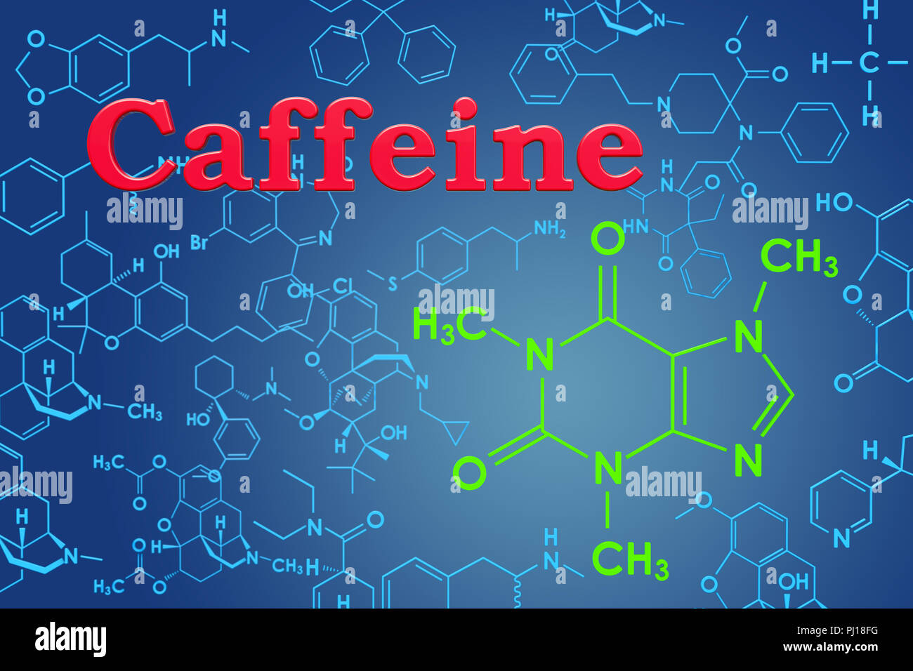 La caféine. Formule chimique, structure moléculaire. Le rendu 3D Photo ...