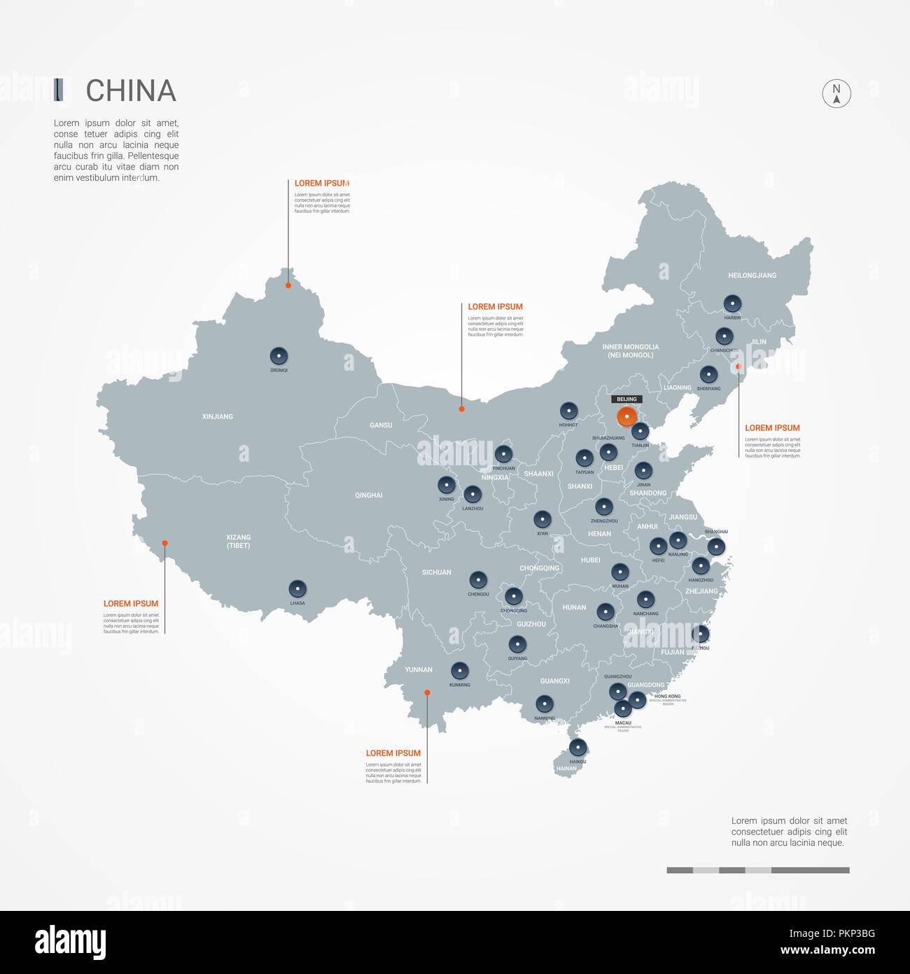 Carte de la Chine avec des frontières, des villes, des capitaux et des ...