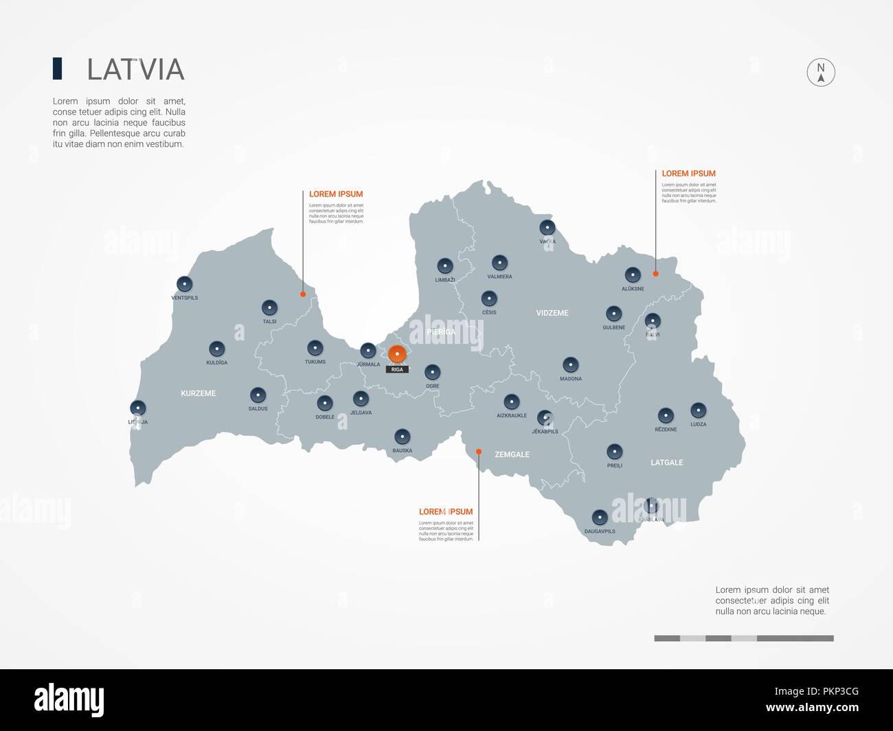 Carte de la Lettonie avec des frontières, des villes, des capitaux et ...